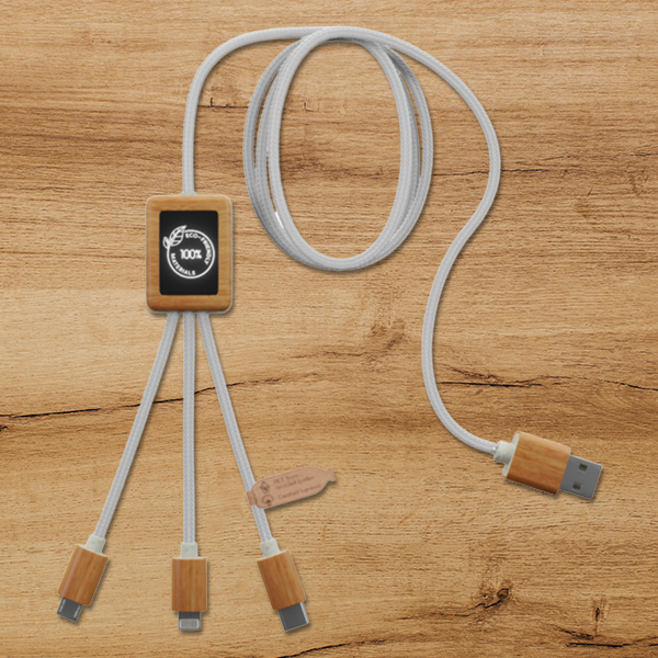 3-in-1 rPET Light Up Logo Charging Cable With Squared Bamboo Casing ...