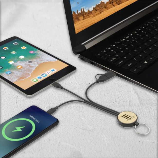 Tecta 6-in-1 Recycled Plastic/Bamboo Charging Cable With Keyring ...