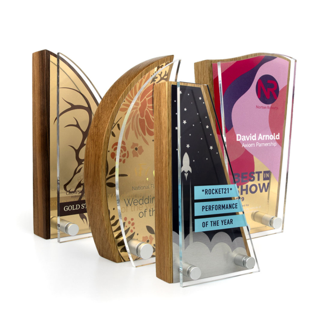 Real Wood Block Awards With Metal Face Plate & Acrylic Front 125mm X ...